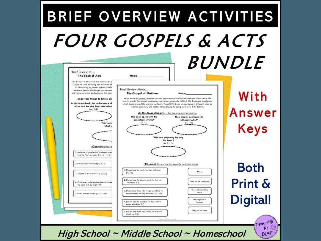 Brief Reviews of 4 Gospels & Acts Bible Book Overview Activities - Etsy