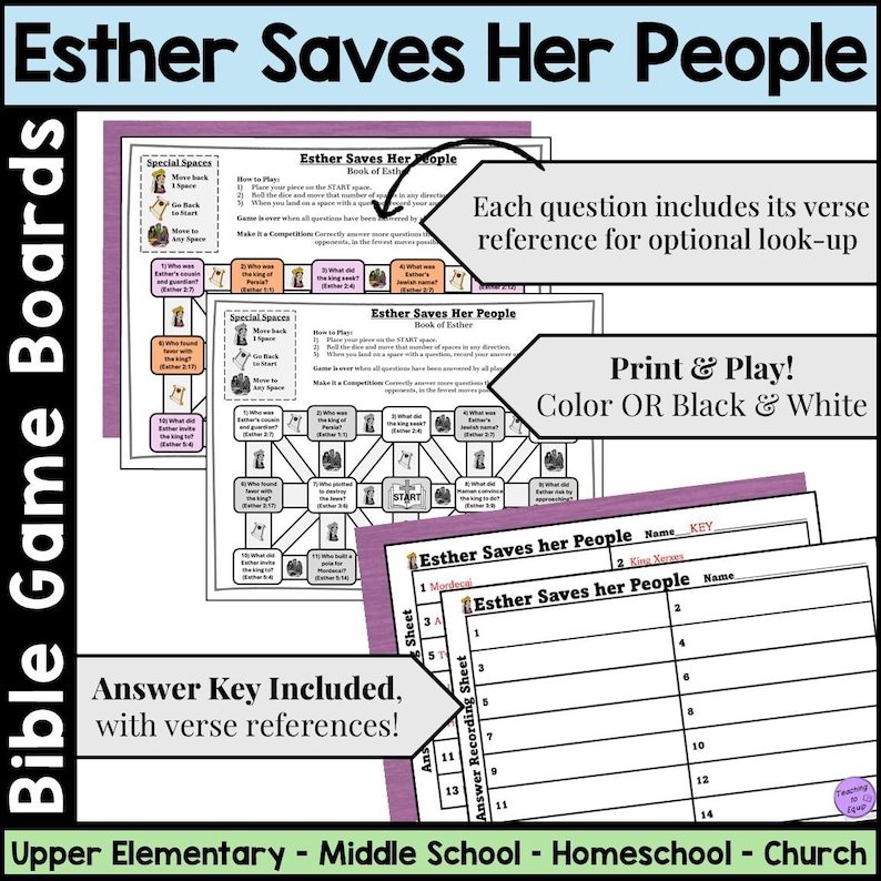 Bible Game Board: Book of Esther Story Lesson Activity Worksheet - Etsy