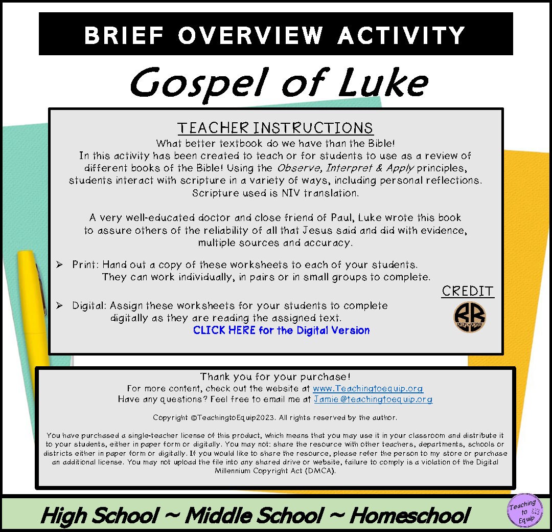 Brief Review About Gospel of Luke Bible Book Overview Activity - Etsy