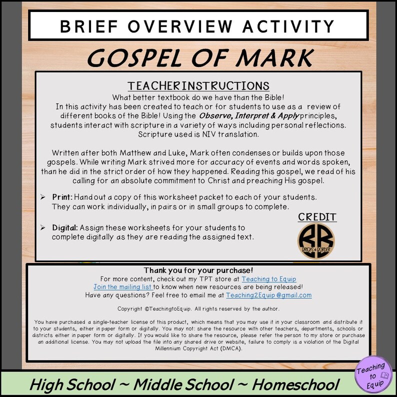 Brief Review About Gospel of Mark Bible Book Overview Activity - Etsy