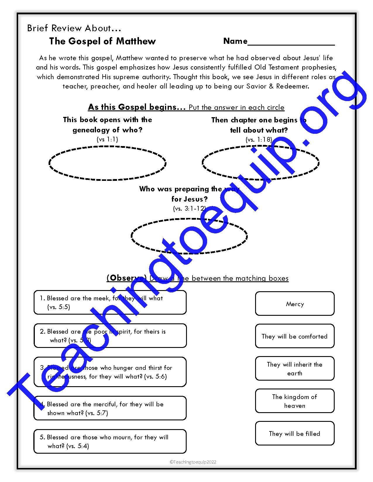 Brief Review About Gospel of Matthew Bible Book Overview Worksheet ...