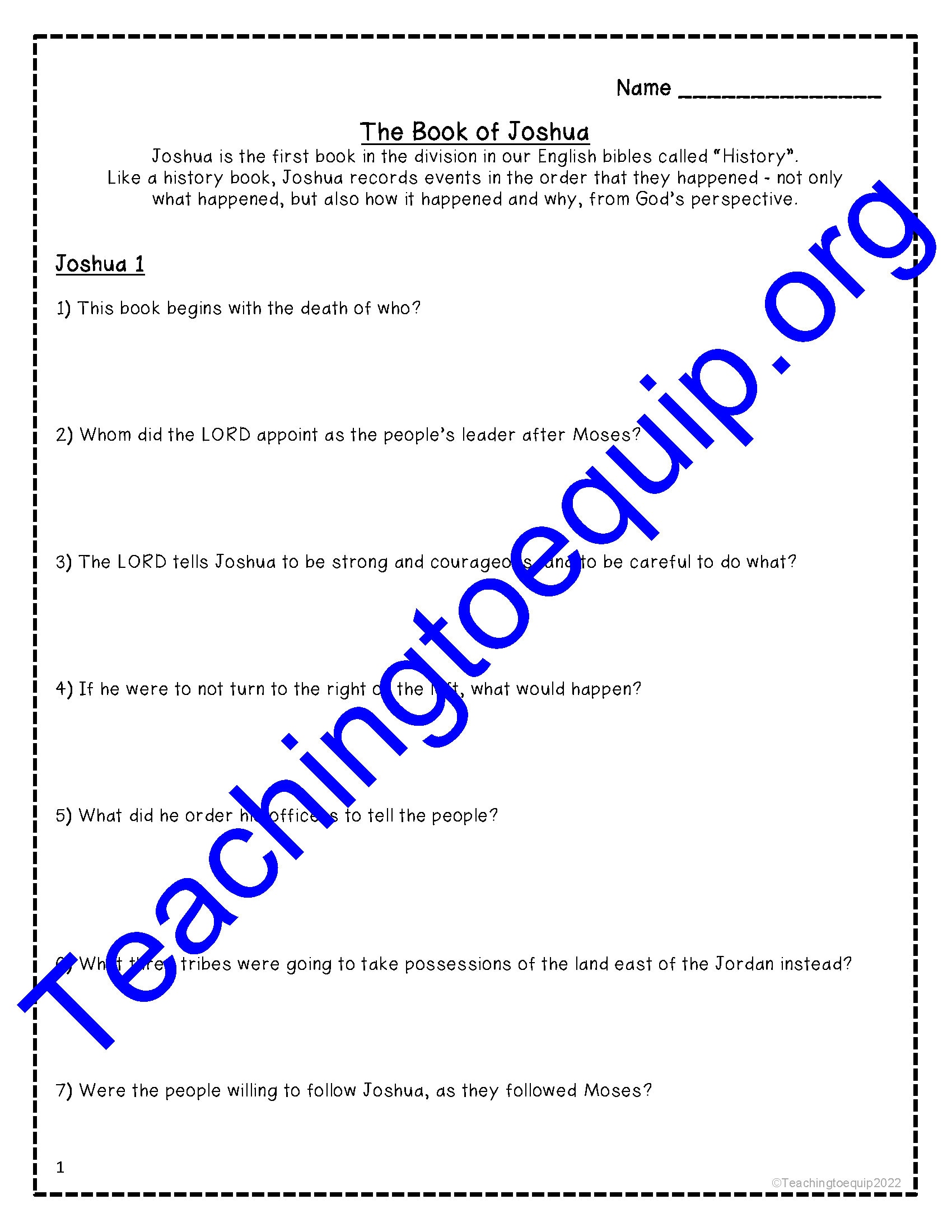 Book of Joshua Bible Study Questions Worksheets - Etsy