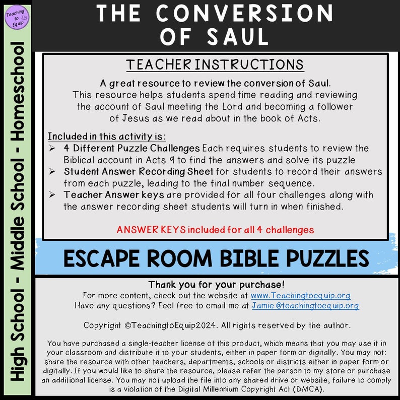 Conversion of Saul in Acts Bible ESCAPE ROOM - Reading & Puzzles ...