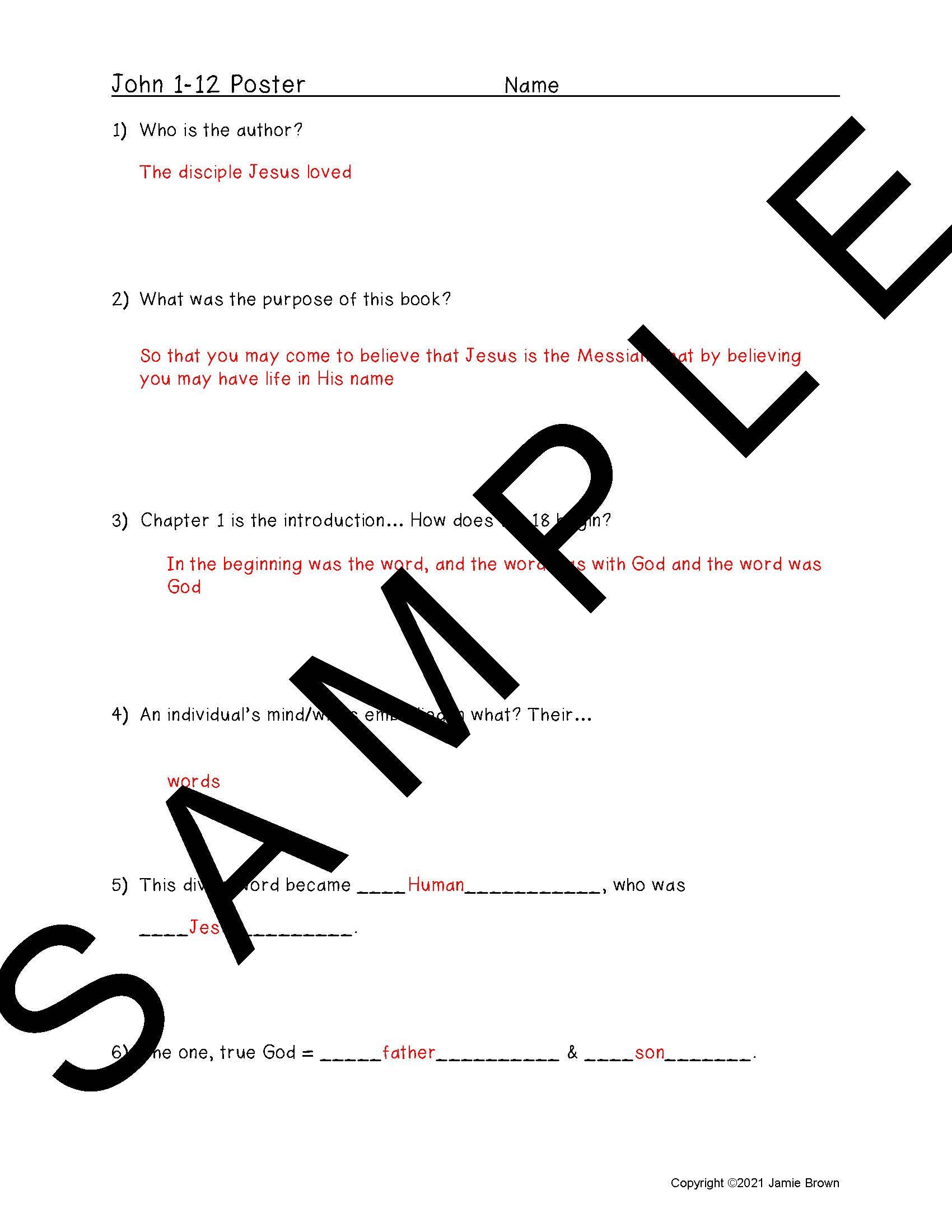 Summary of the Gospel of John Bible Activity Worksheets - Etsy