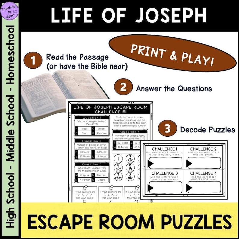 Life of Joseph Bible Story Lesson ESCAPE ROOM - Reading & Puzzles ...