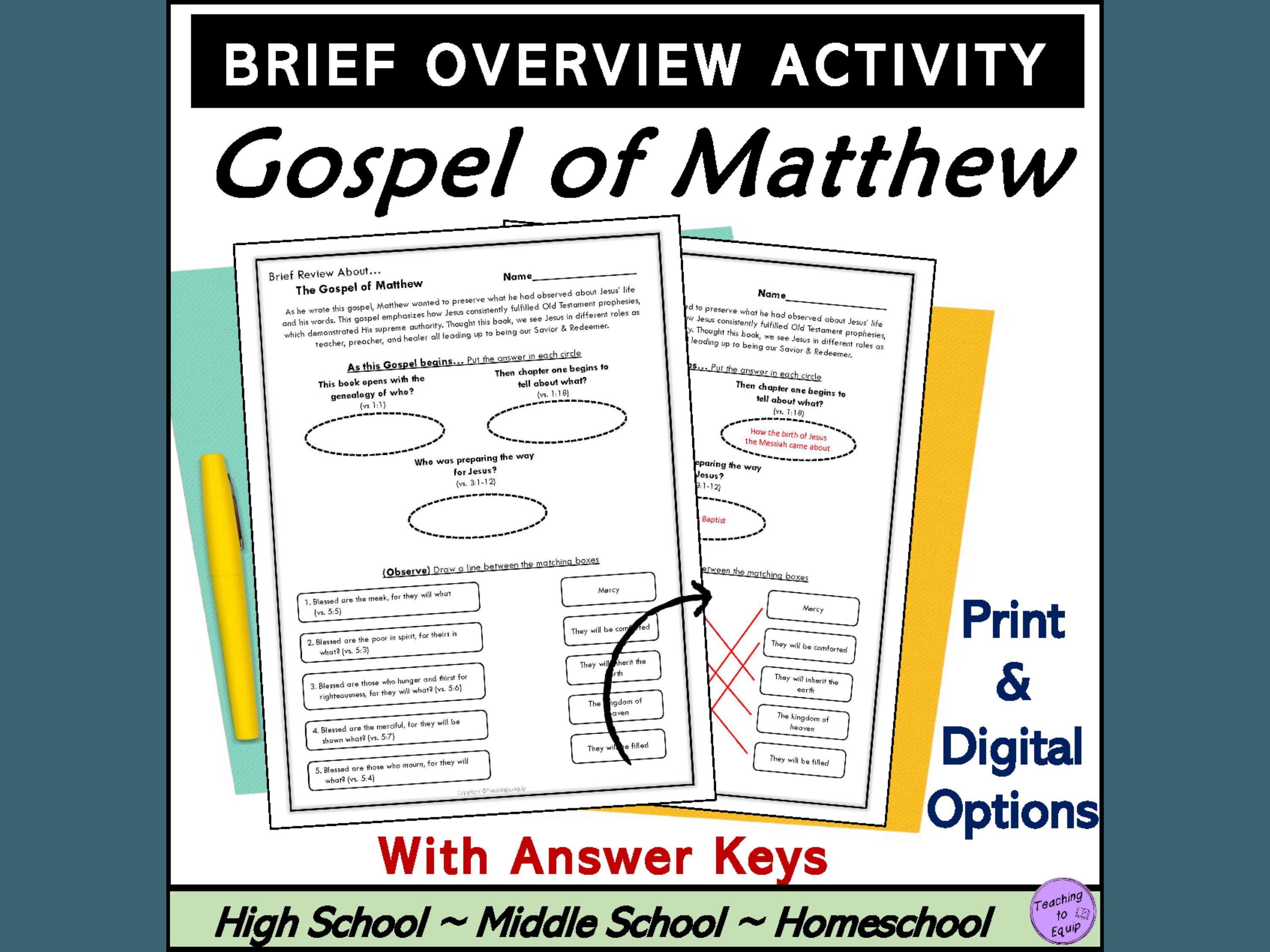 Brief Review About Gospel of Matthew Bible Book Overview Worksheet ...