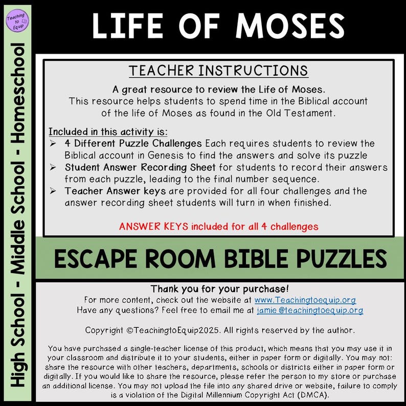 Life of Moses Bible Story Lesson ESCAPE ROOM - Reading & Puzzles ...