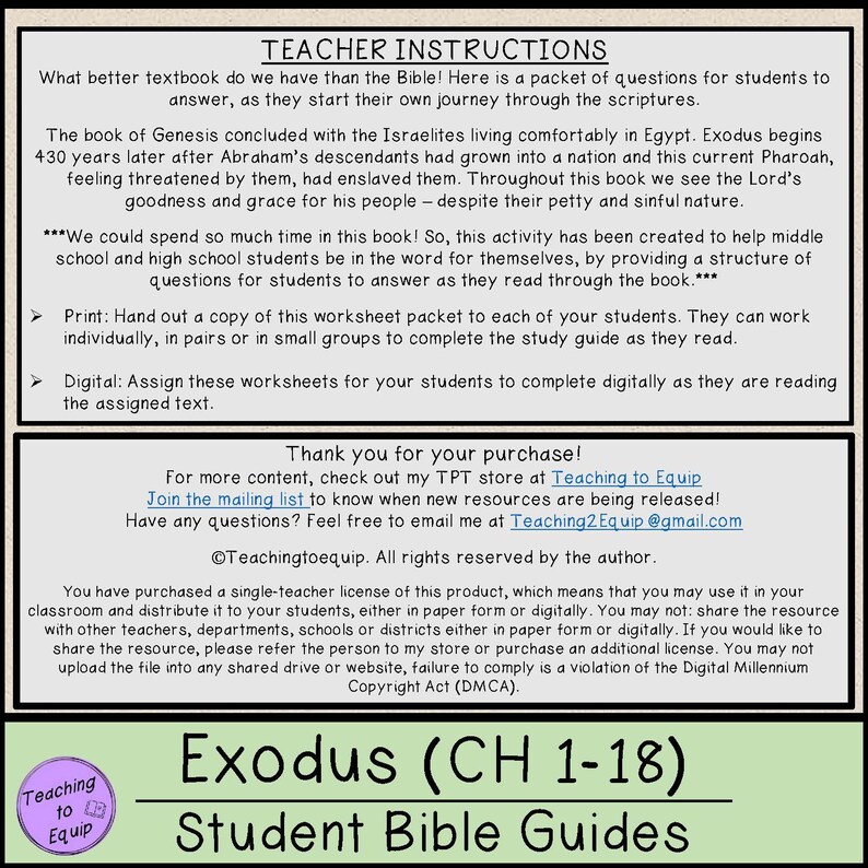 Bible Study Question Guide for Exodus 2-part Worksheet Packets - Etsy