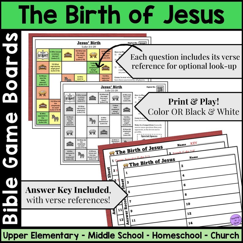Bible Game Board: Story of Jesus Birth Lesson Activity Christmas ...