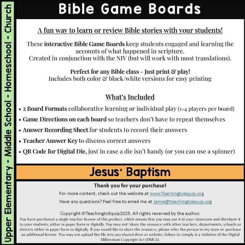 Bible Game Board: Jesus is Baptized Lesson Worksheet Activities - Etsy