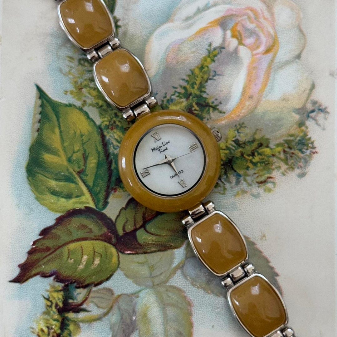 Main Line Time Silver Tone Yellow Jade Vintage Semiprecious Stone ...