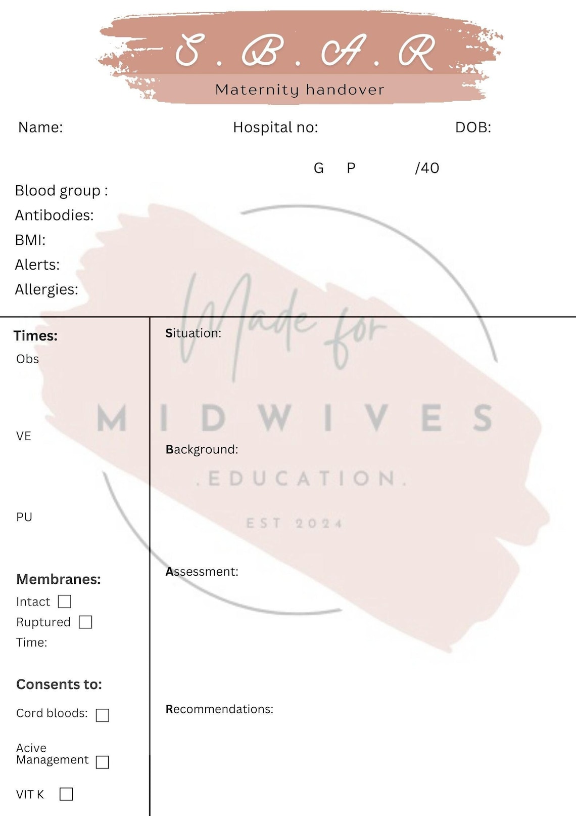 Maternity SBAR Handover Sheet - Etsy