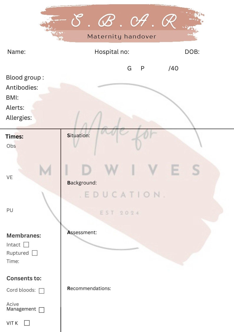 Maternity SBAR Handover Sheet - Etsy
