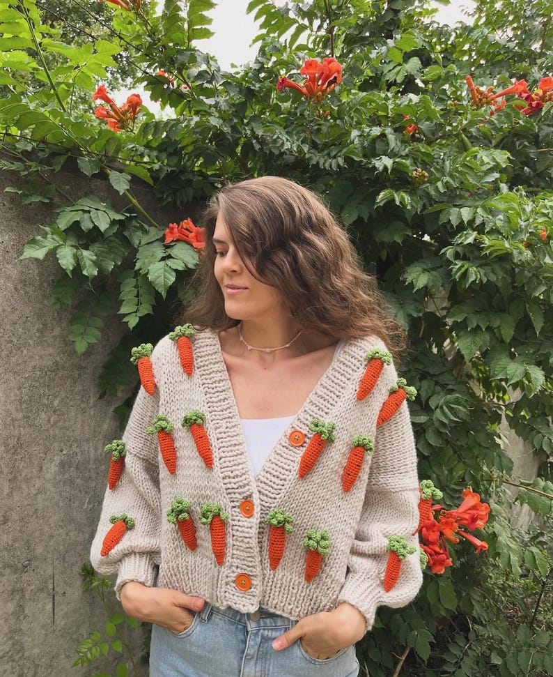 Carrot Cardigan, 3D Fruit Embroidered Cardigan, Orange Clothing ...