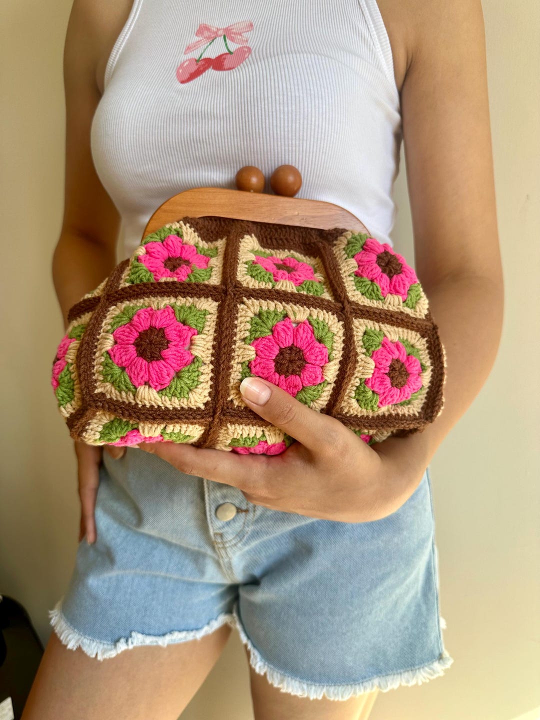 Crochet Weasel Flower Clutch Lined Bag, Crochet Wooden Kiss Lock Clasp ...