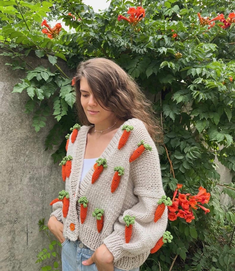 Carrot Cardigan, 3D Fruit Embroidered Cardigan, Orange Clothing ...