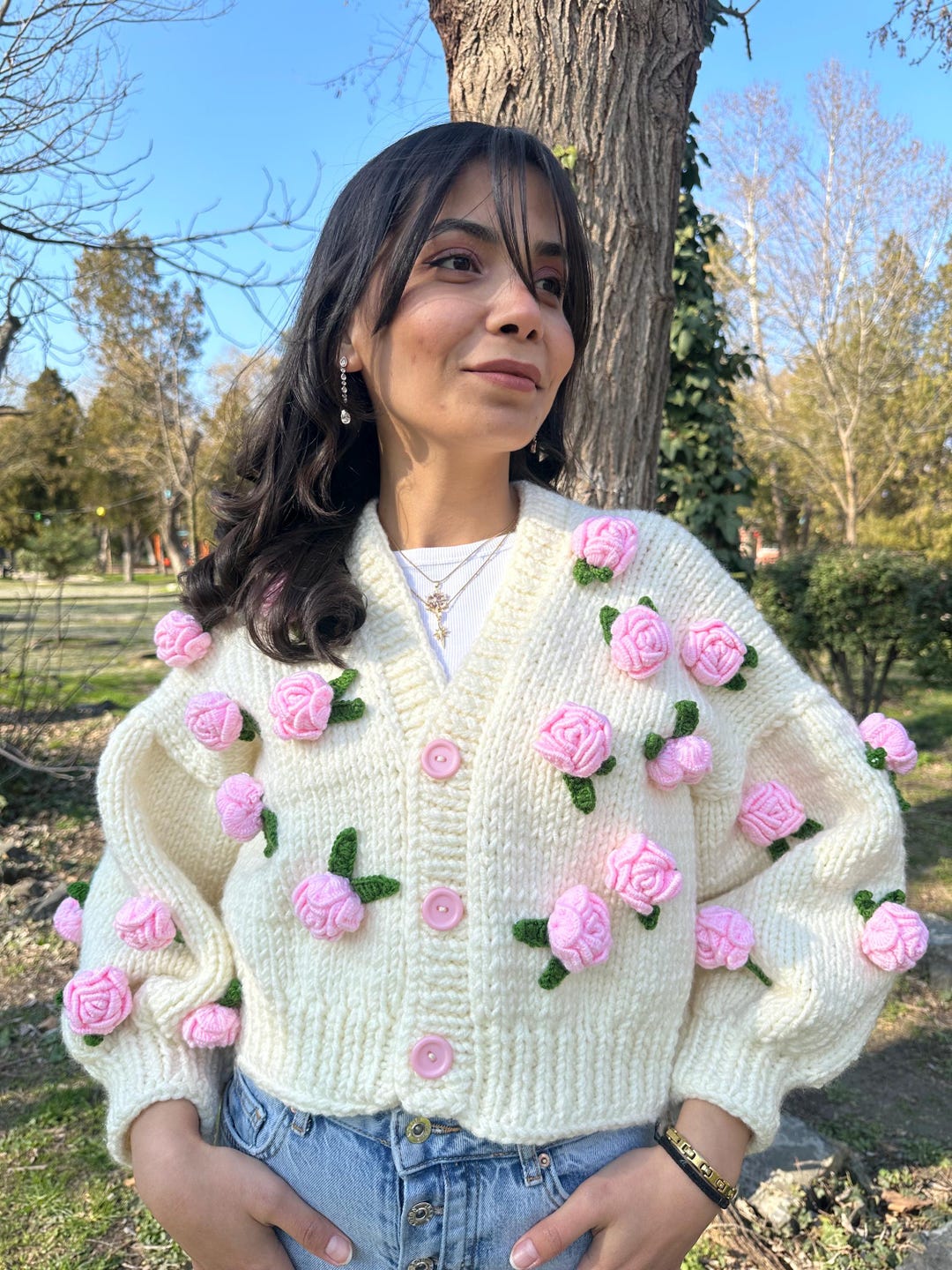 Pink Roses Cardigan , Chunky Cropped Cardigan for Woman , White Sweater ...