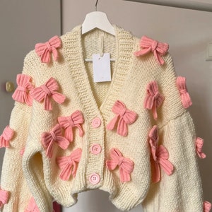 Pink Bows Cardigan, Chunky Cropped Cardigan for Woman, White Sweater ...