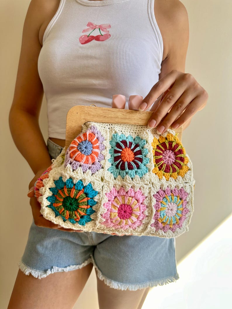 Crochet Weasel Flower Clutch Lined Bag, Crochet Wooden Kiss Lock Clasp ...
