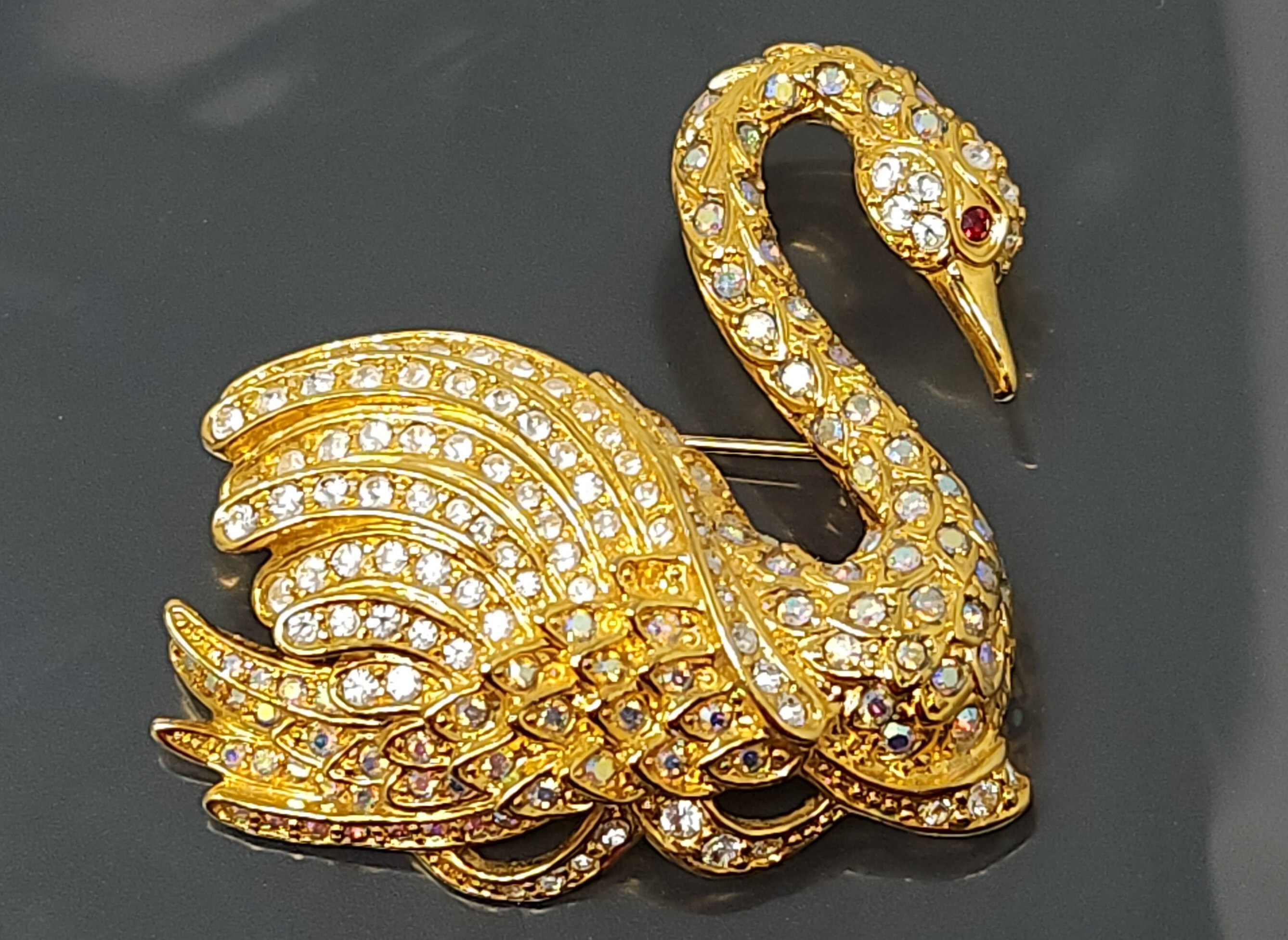 Vintage NOLAN MILLER Signature Swan Gold Tone White Rhinestone Brooch ...