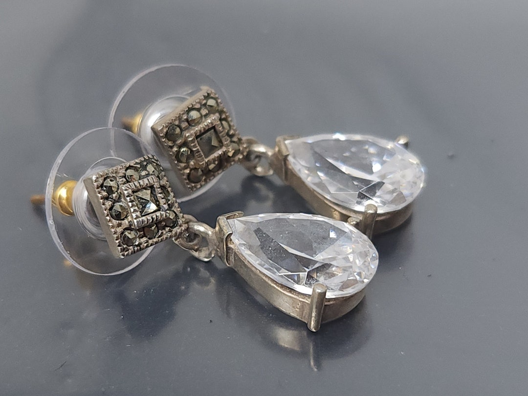 Vintage Sterling Silver White CZ Drop Stud Pierced Earrings - Etsy