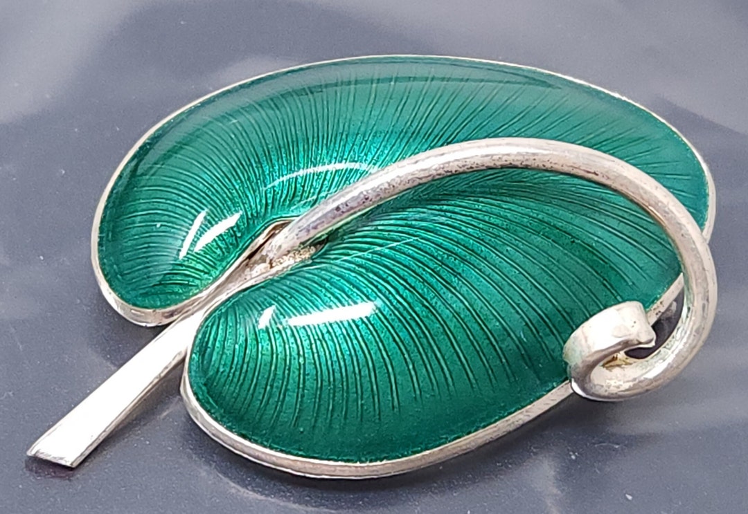 Vintage Volmer Bahner Denmark Sterling Silver Green Enamel Leaf Brooch ...