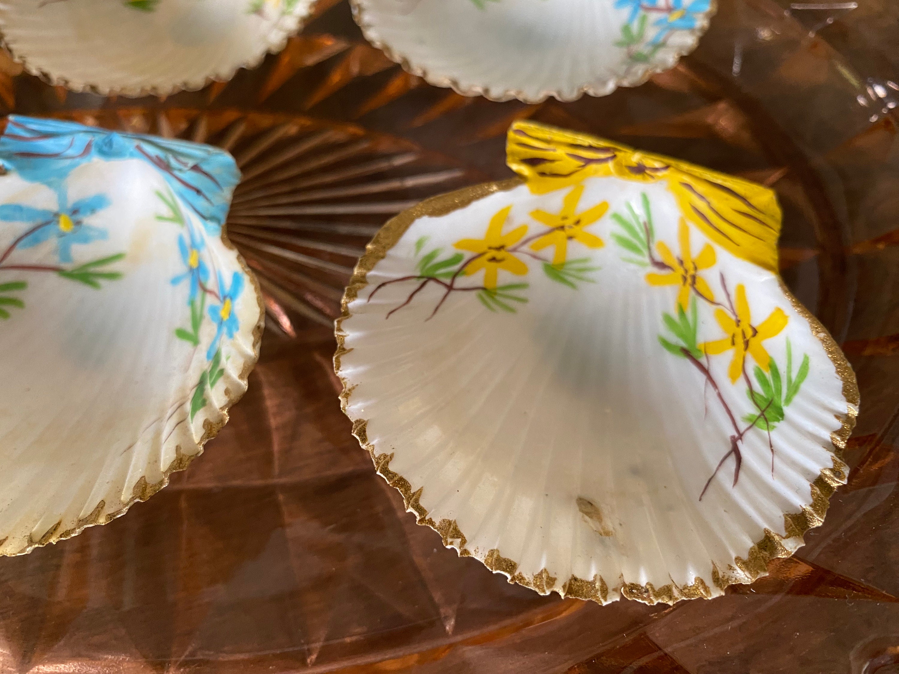 12 Vintage Natural Clamshell Hand-painted Appetizer Sauce Dishes Powder ...