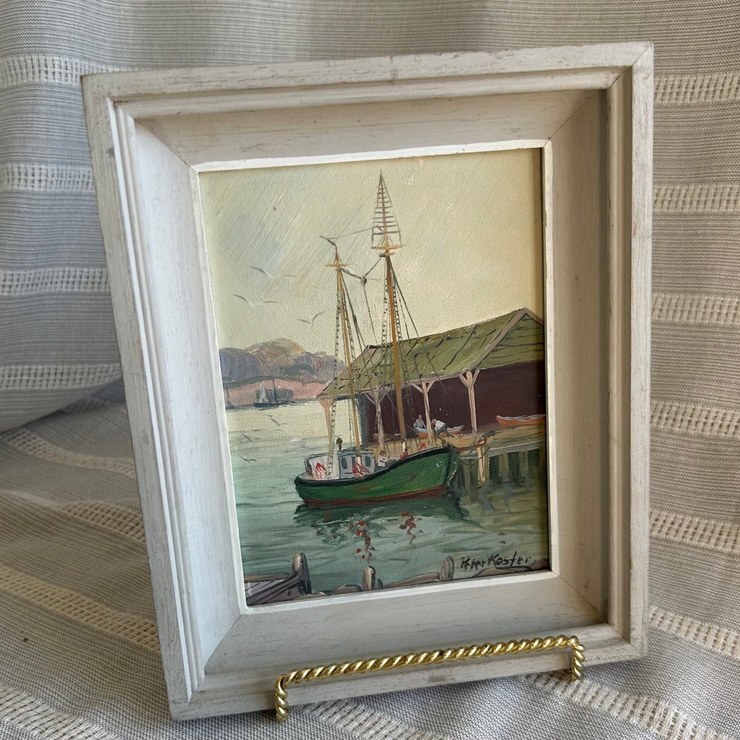 Coastal Harbor Painting, Original Signed Peter Koster Framed Board Oil ...