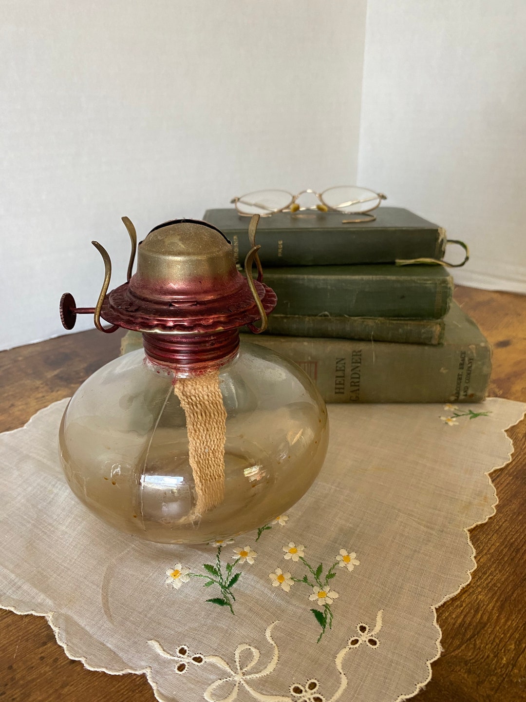 Small Vintage Kerosene Oil Lamp With Red and Brass Burner and ...