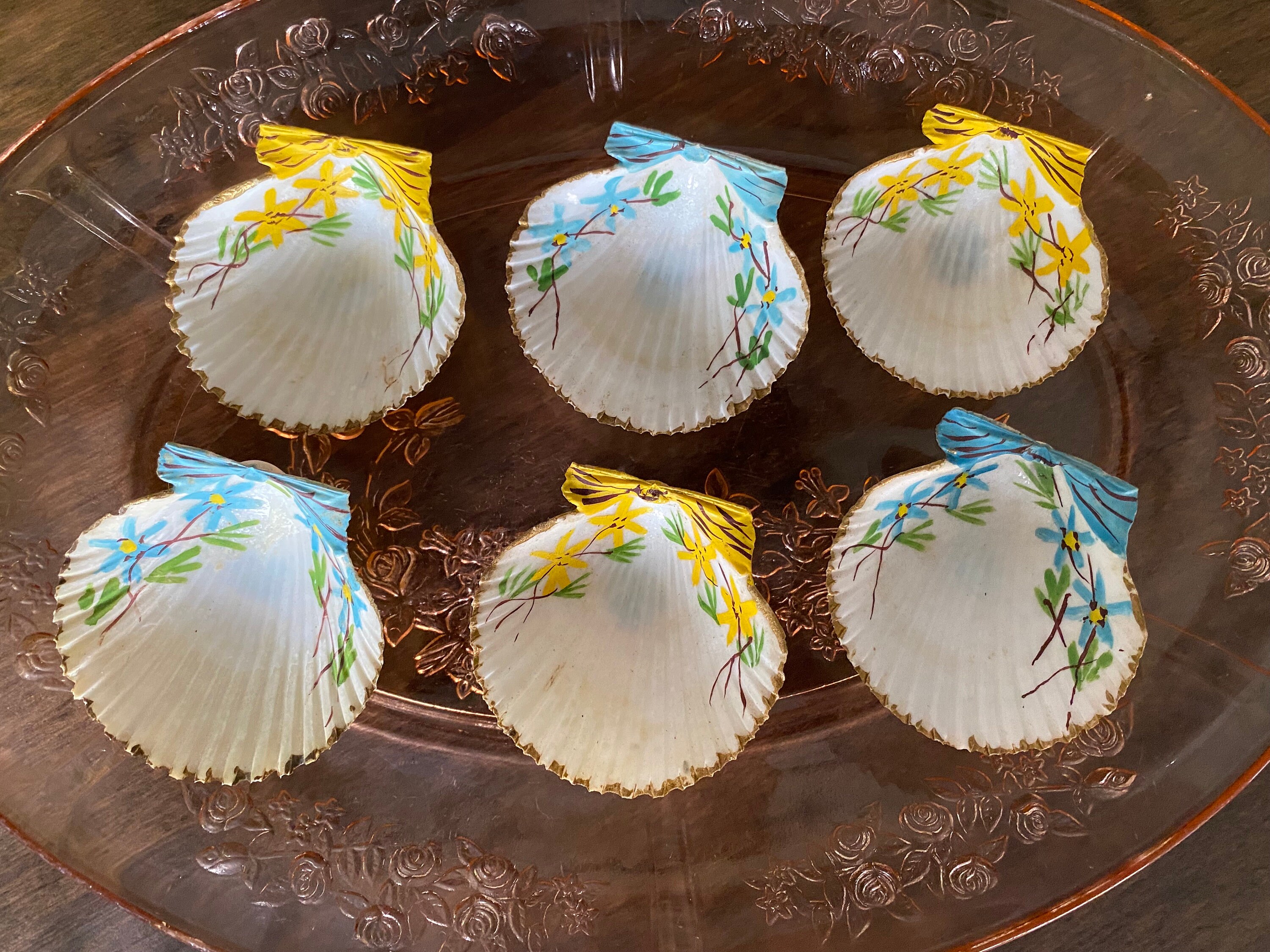 12 Vintage Natural Clamshell Hand-painted Appetizer Sauce Dishes Powder ...