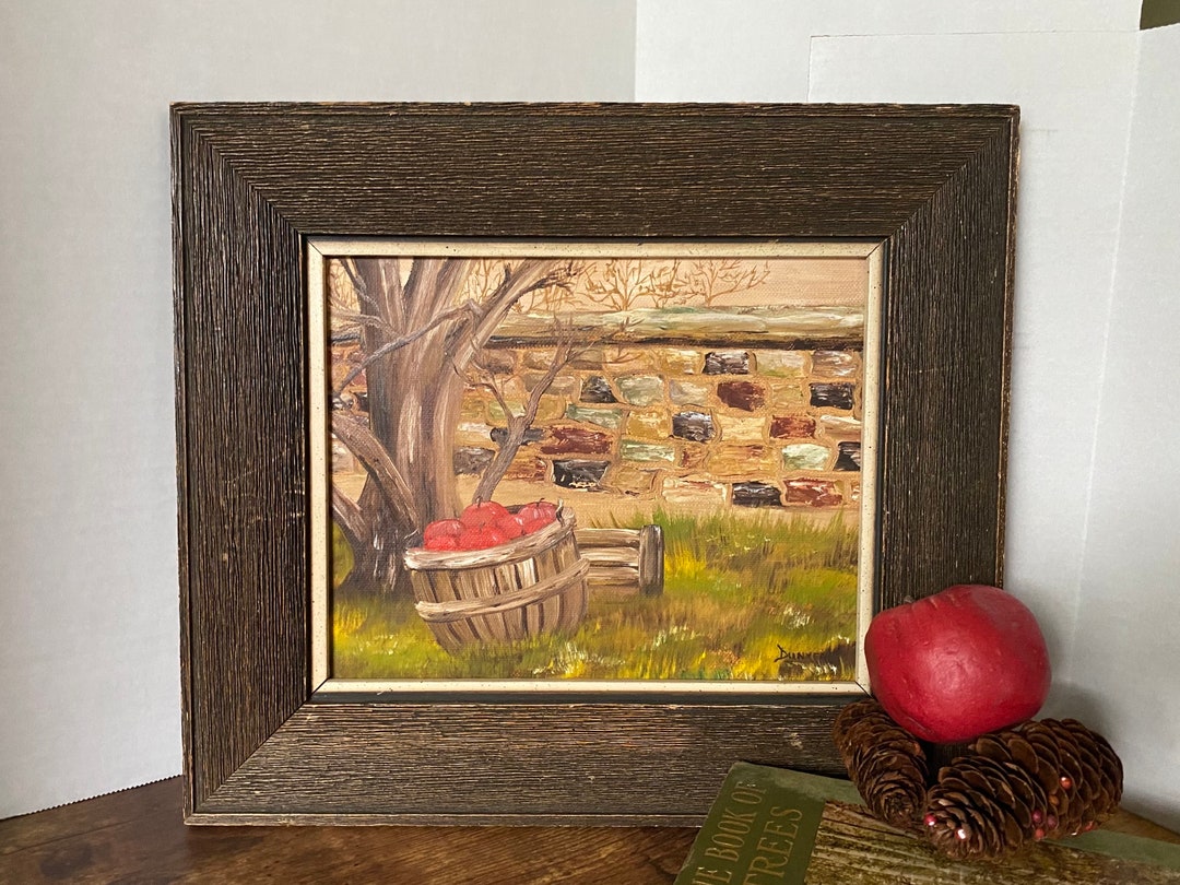 Vintage Original Signed Apple Orchard Oil Painting | Fall Folk Art ...