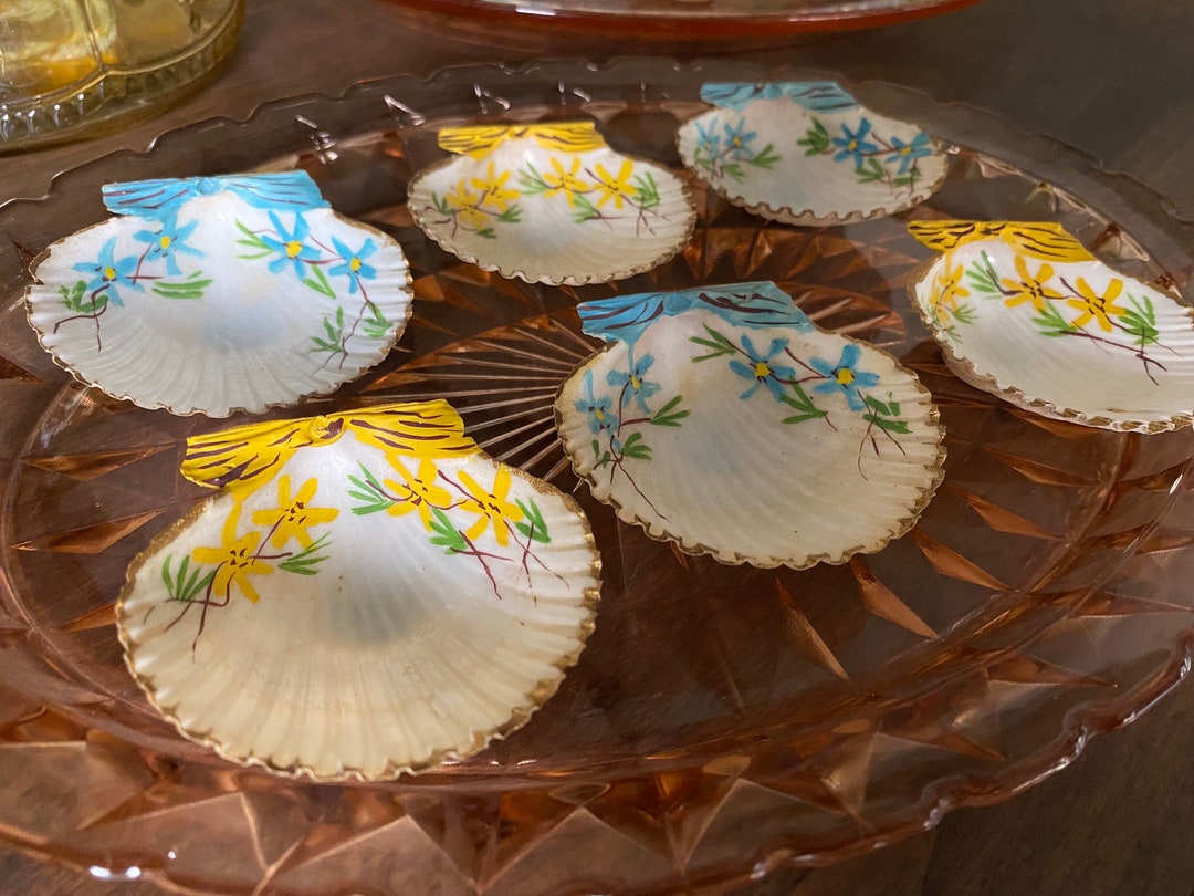 12 Vintage Natural Clamshell Hand-painted Appetizer Sauce Dishes ...