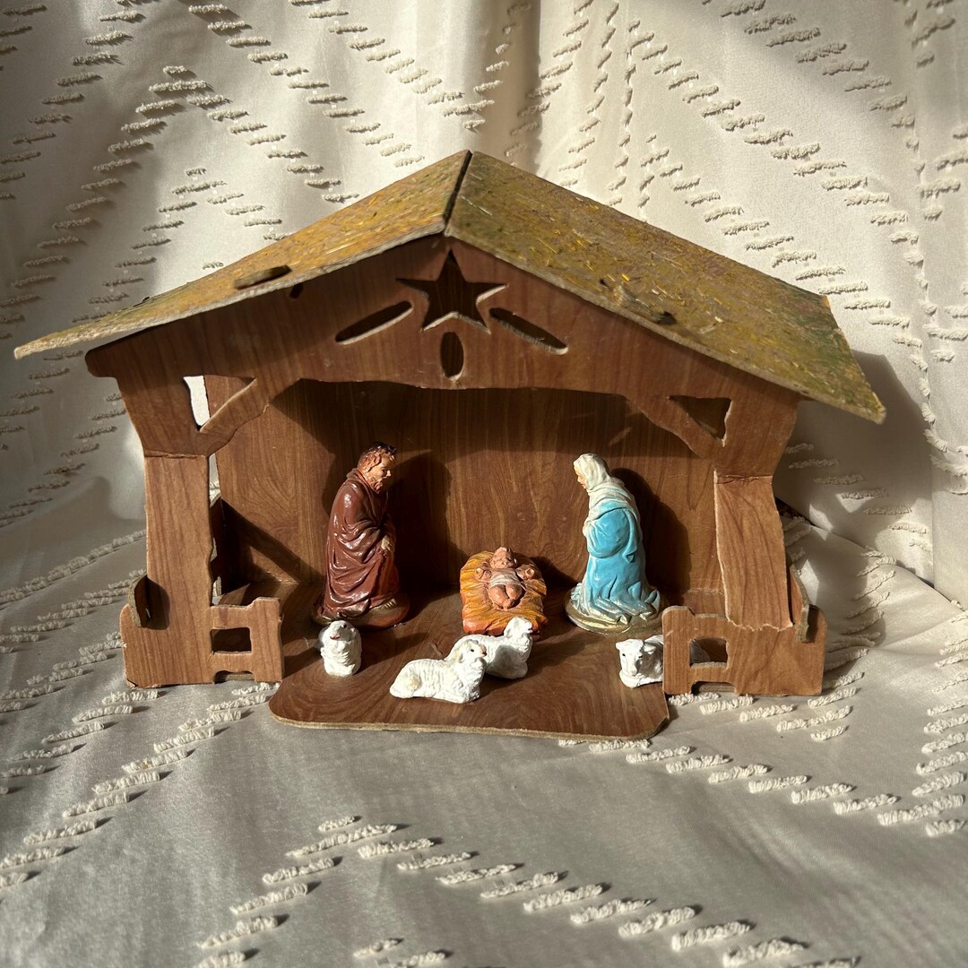 Vintage Cardboard Chalkware Christmas Manger Nativity Mary Joseph Baby ...