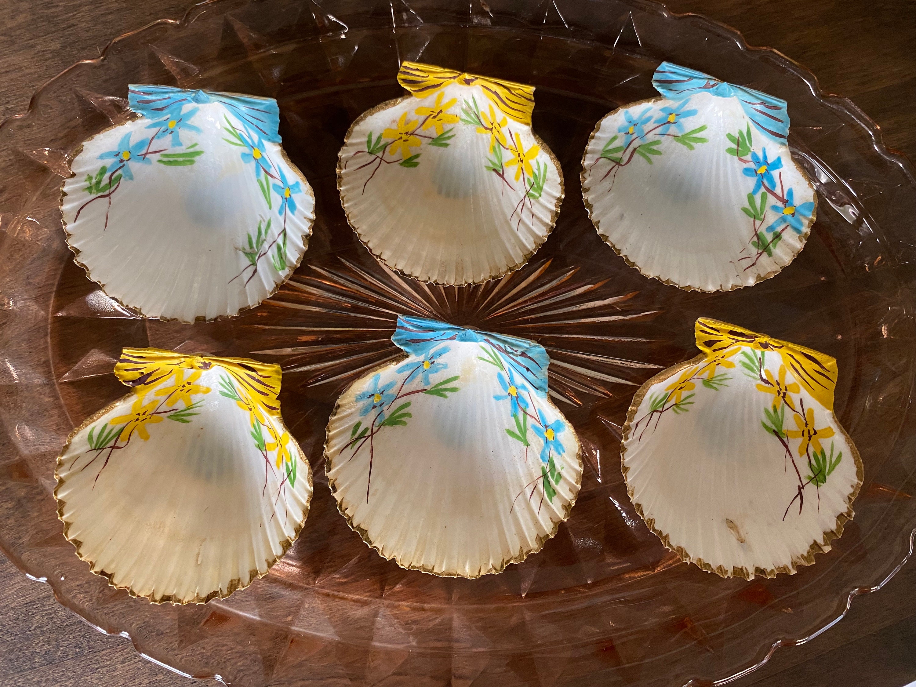 12 Vintage Natural Clamshell Hand-painted Appetizer Sauce Dishes Powder ...