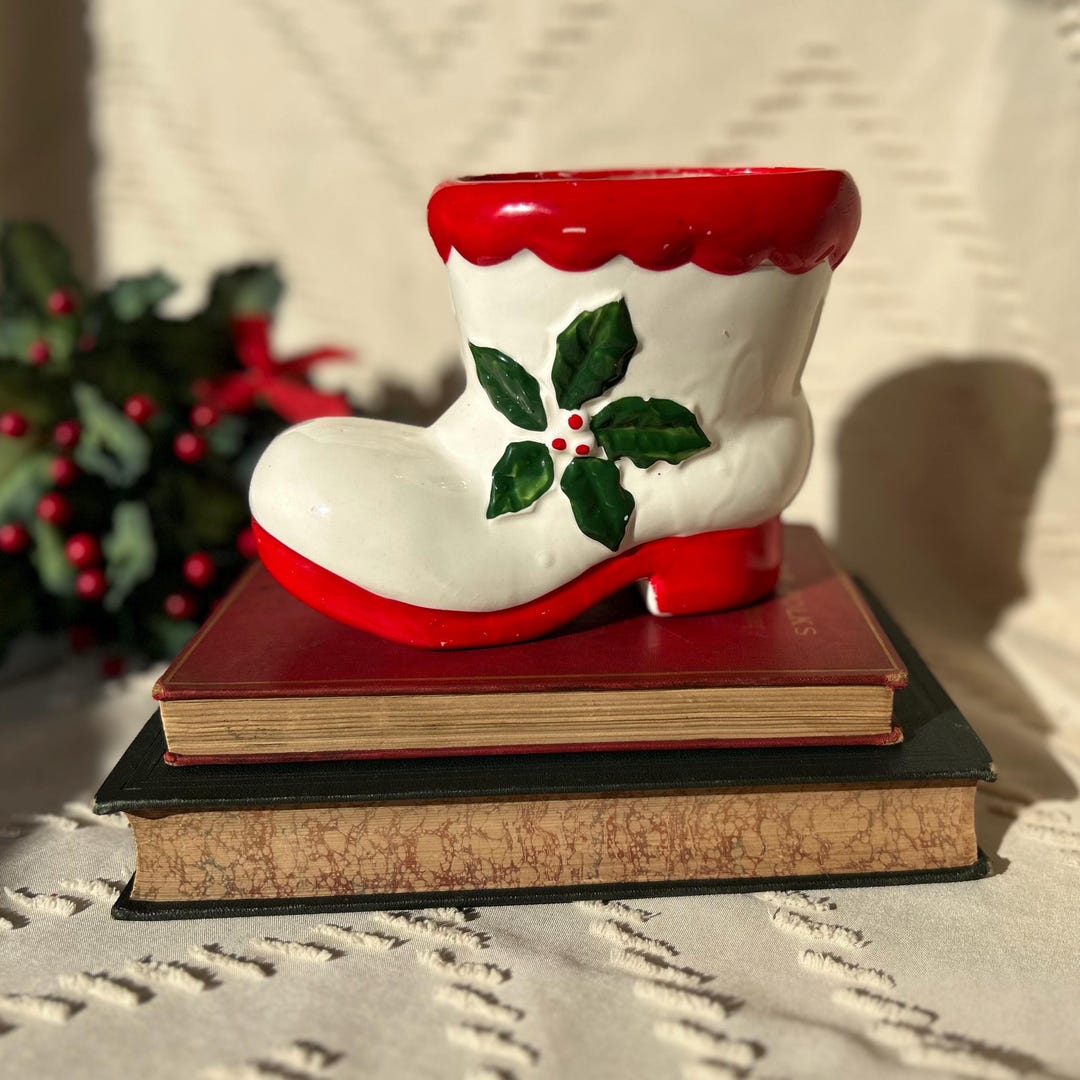 Santa Boot Planter, Ceramic Holiday Plant Holder, Red and White Jar ...