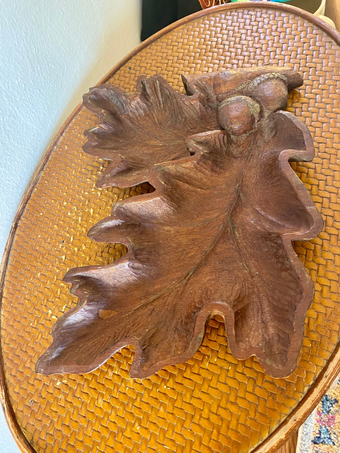 1940s Hand-carved Oak and Acorn Wood Tray Natural Brown and Gold Rustic ...