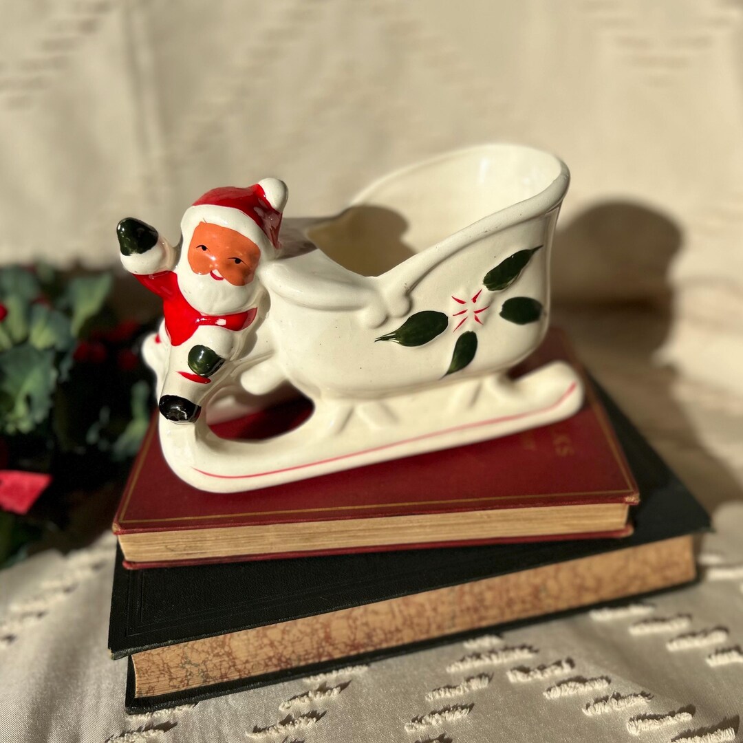 Santa Sleigh Planter, Ceramic Holiday Plant Holder, Red and White Jar ...