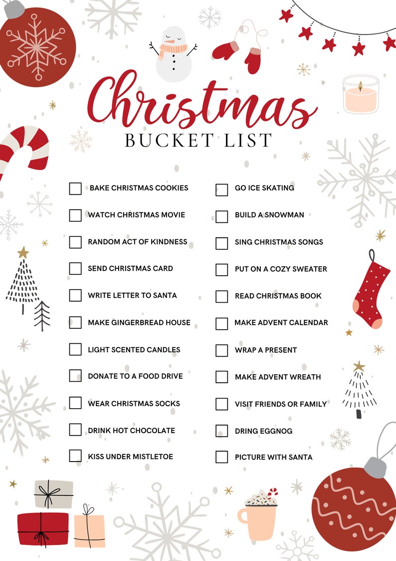 Christmas Bucket List Printable, Winter Bucket List Template, Christmas ...