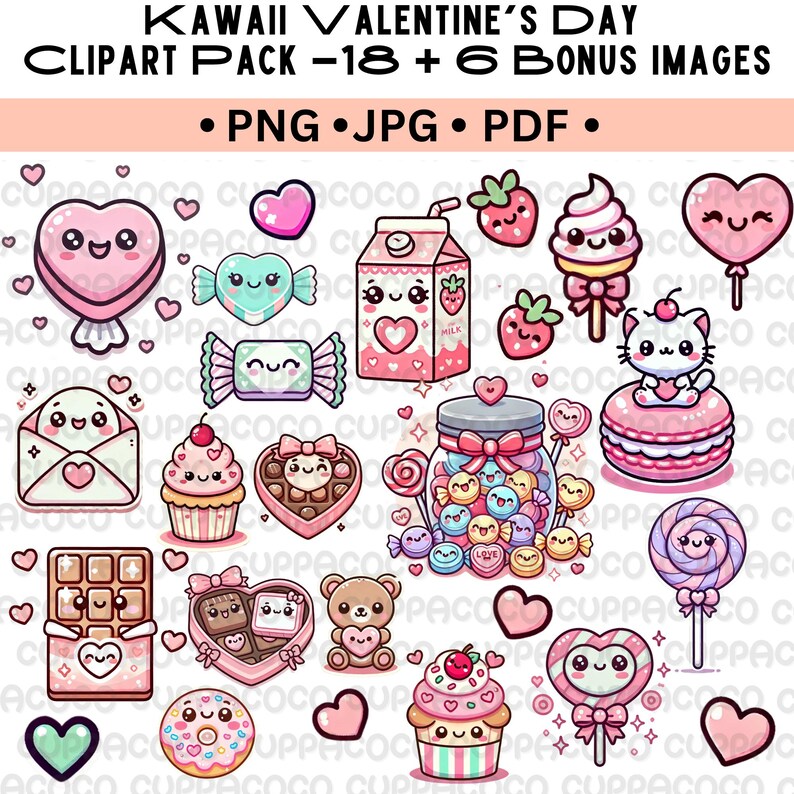 Kawaii Valentine's Day Clipart Pack - 18 Adorable Images + 6 Bonus ...