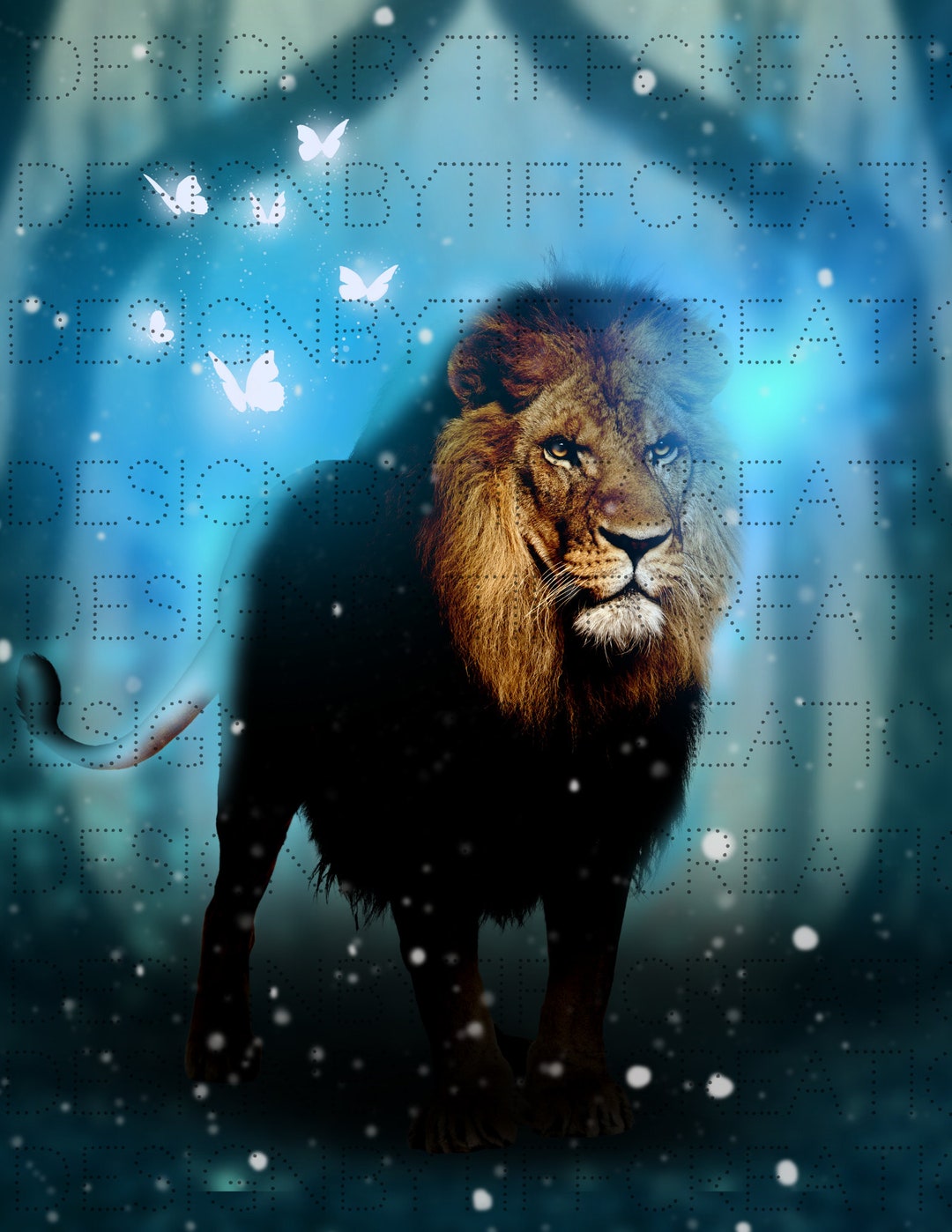 Lion Illuminated Blue Lights Sky Butterflies Forest Trees King ...