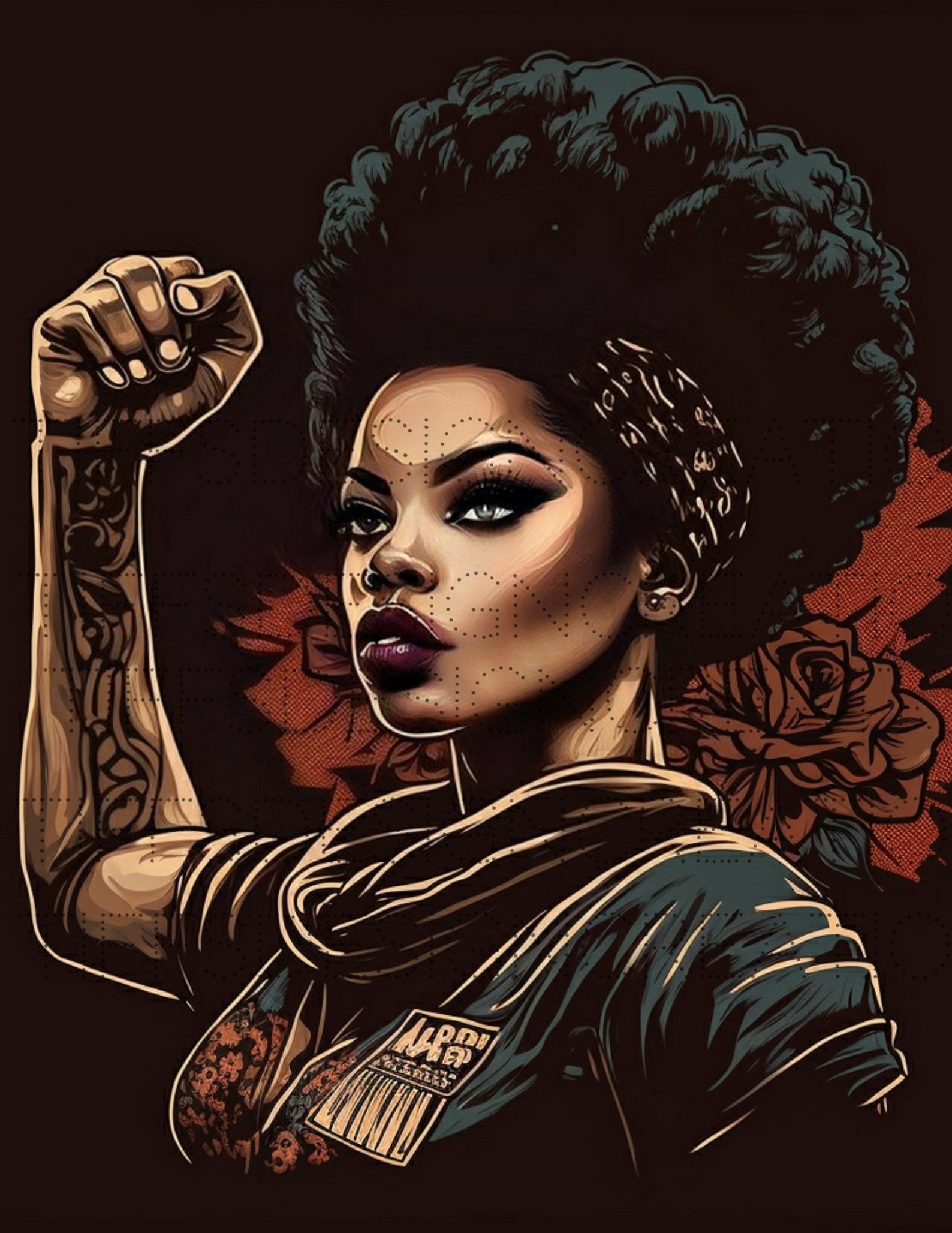 Proud Black Power Woman Fist Black Background Red Black Green Digital ...