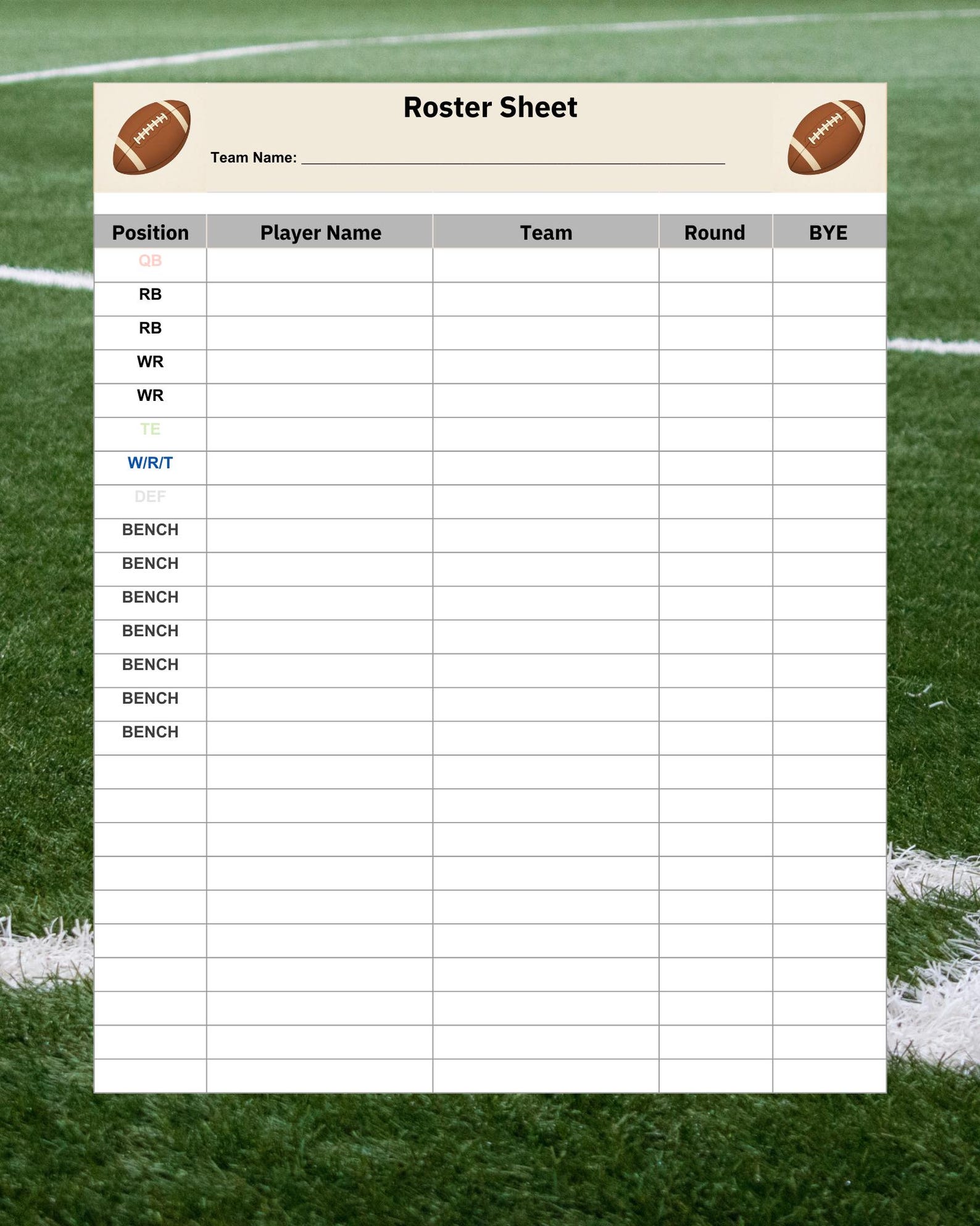 Customizable Fantasy Football Roster Sheet - Etsy