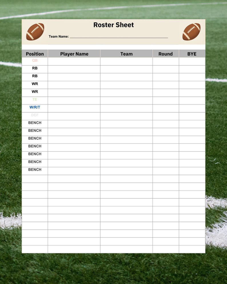 Customizable Fantasy Football Roster Sheet - Etsy