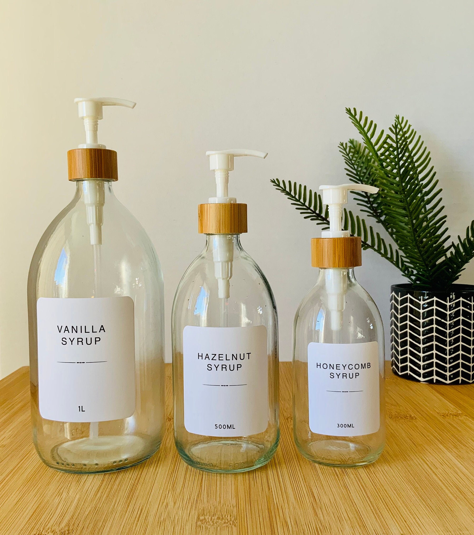 Refillable Clear Glass Syrup Bottles With Bamboo Pump - Etsy
