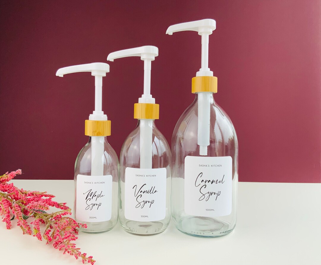 Food Grade Refillable Clear Glass Syrup Bottle With Bamboo Pump Eco ...