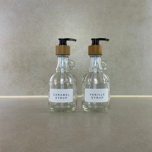Clear Glass 300ml Syrup Bottle With Bamboo Pump Dispenser Personalized ...