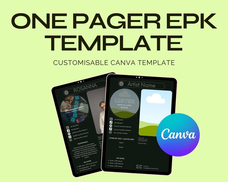 One Pager Electronic Press Kit Canva Template Music - Etsy