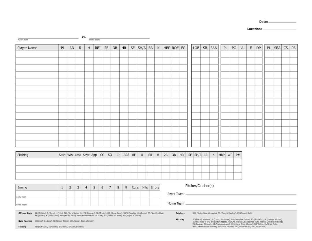 Printable Baseball/softball Stat Sheet Template for Teams" - Etsy
