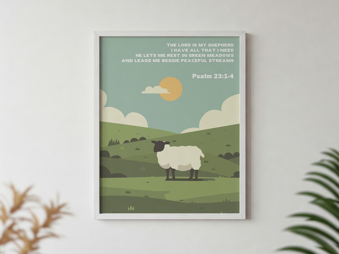 Psalm 23 Wall Art Sheep Christian Print Green Meadow Pasture Scene ...