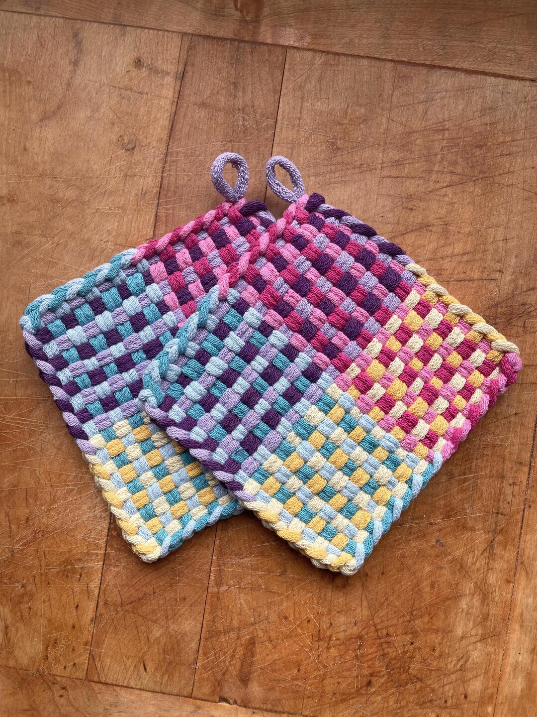 Set of 2 Loomed Potholder Hot Pads, Multicolor Checker - Etsy